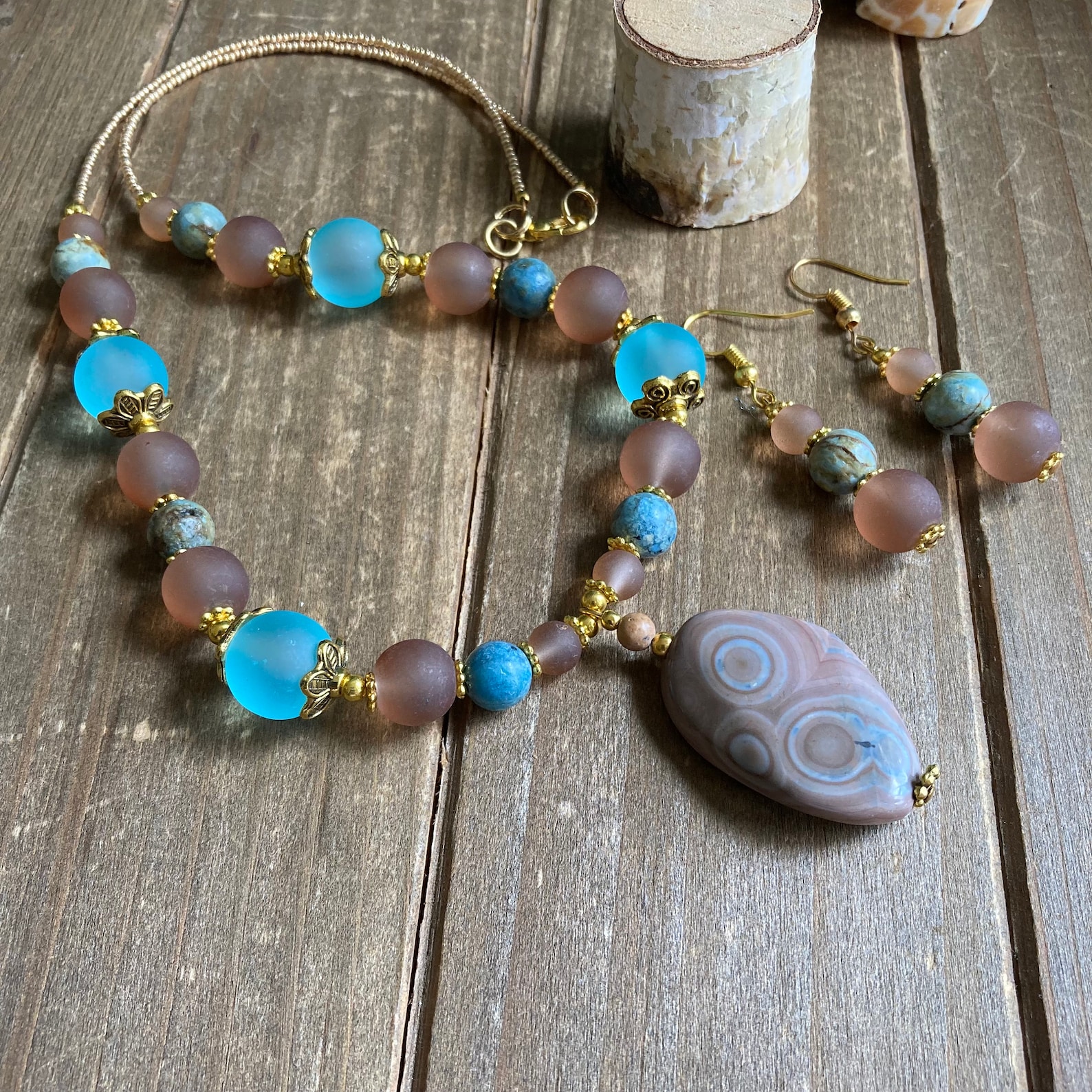 Boho Necklace Set Blue Terra Agate Pendant Set Beaded Necklace Beach ...
