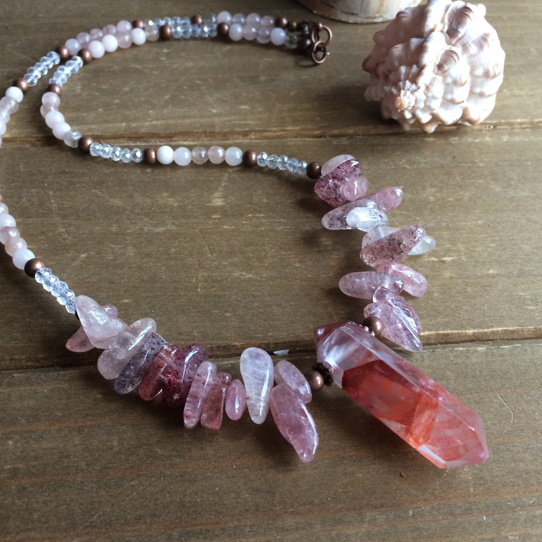 Boho Necklace Blood Quartz Necklace Phantom Crystal Necklace Strawberry ...
