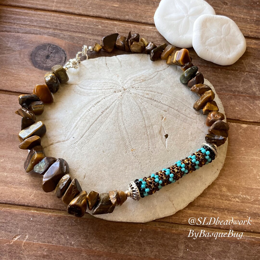 Tiger Eye Bracelet Seed Beaded Peyote Jewelry Turquoise Brown Bracelet ...