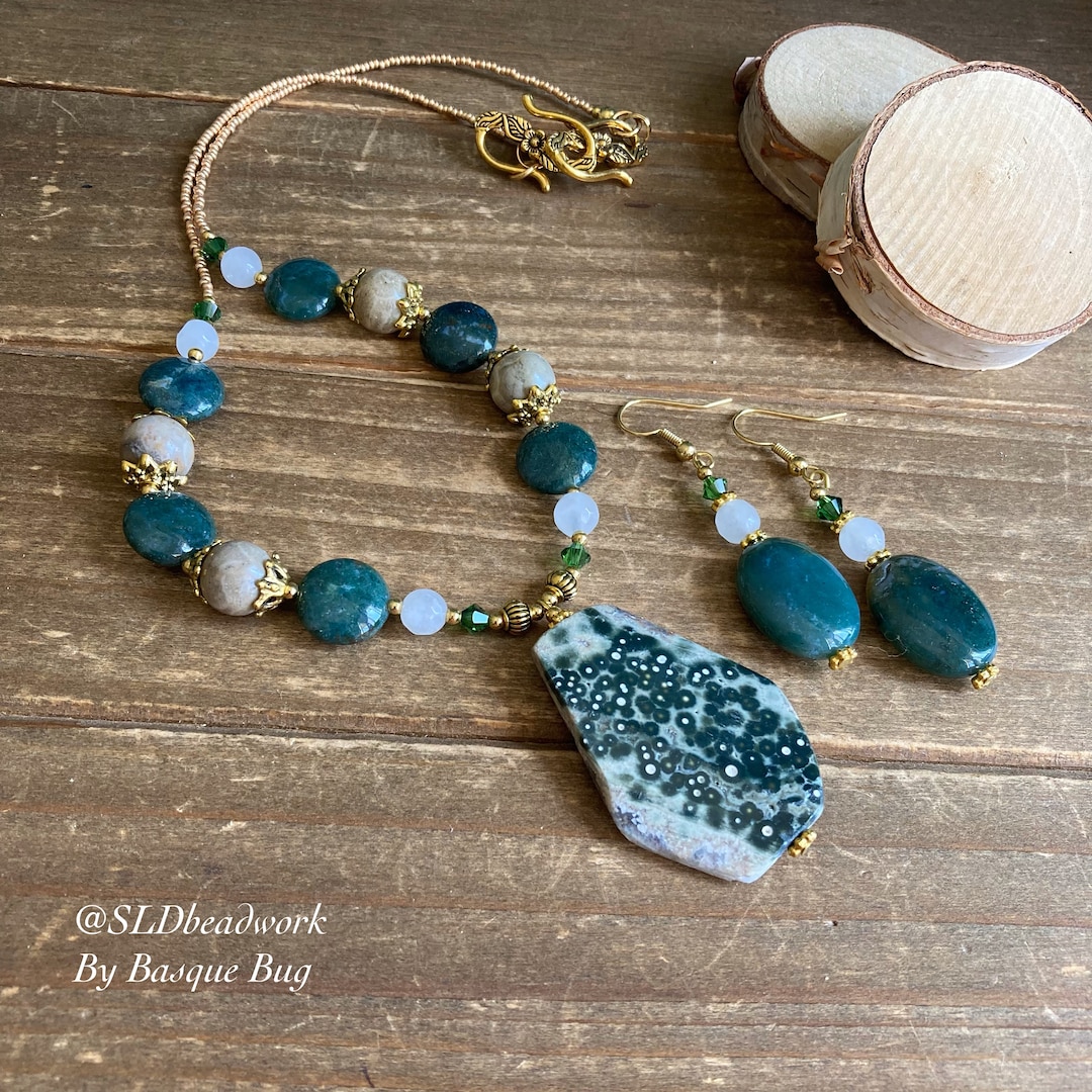 Boho Necklace Set Handmade Pendant Set Beaded Ocean Jasper Earrings ...