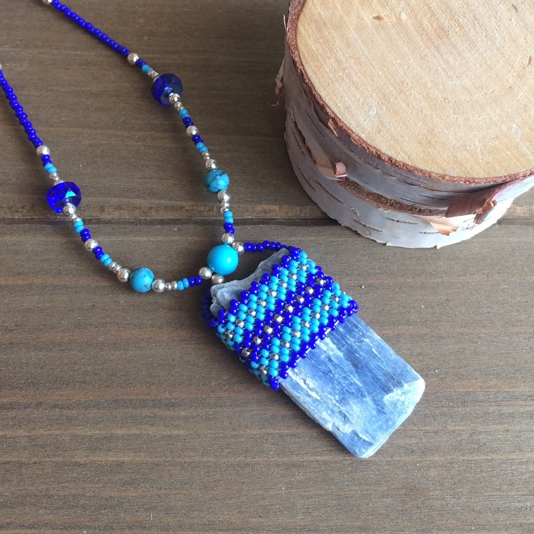 Peyote Beaded Necklace Wrapped Stone Blue Kyanite Crystal Turquoise ...