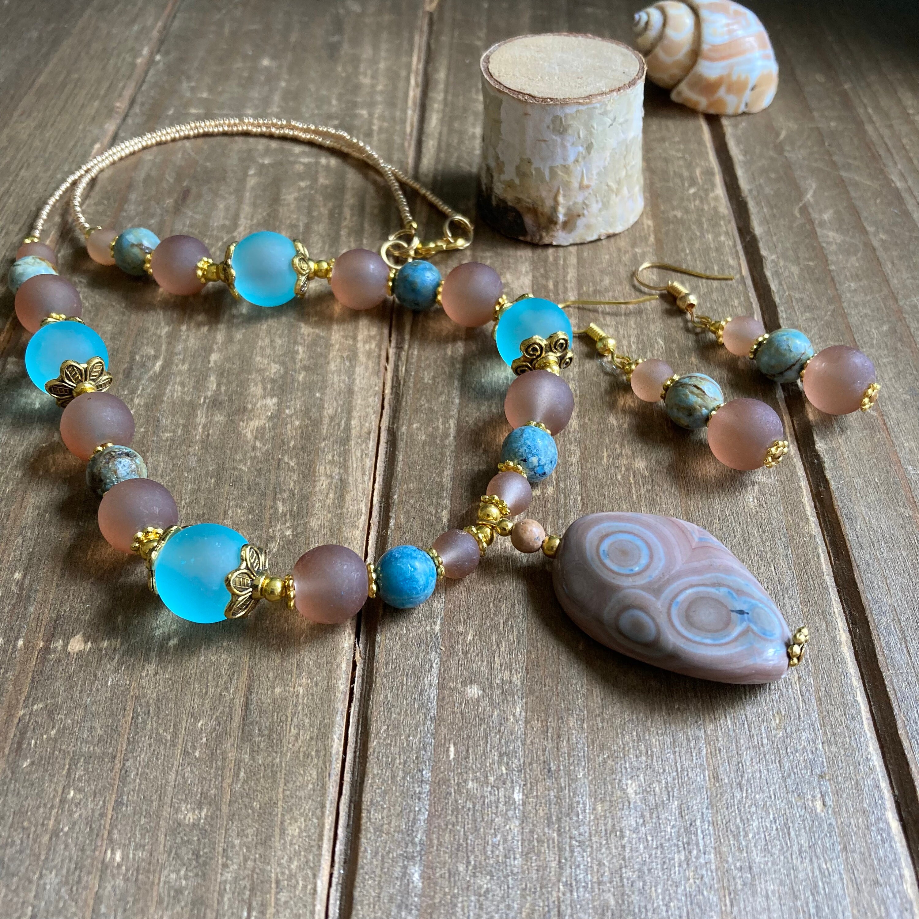 Boho Necklace Set Blue Terra Agate Pendant Set Beaded Necklace Beach ...