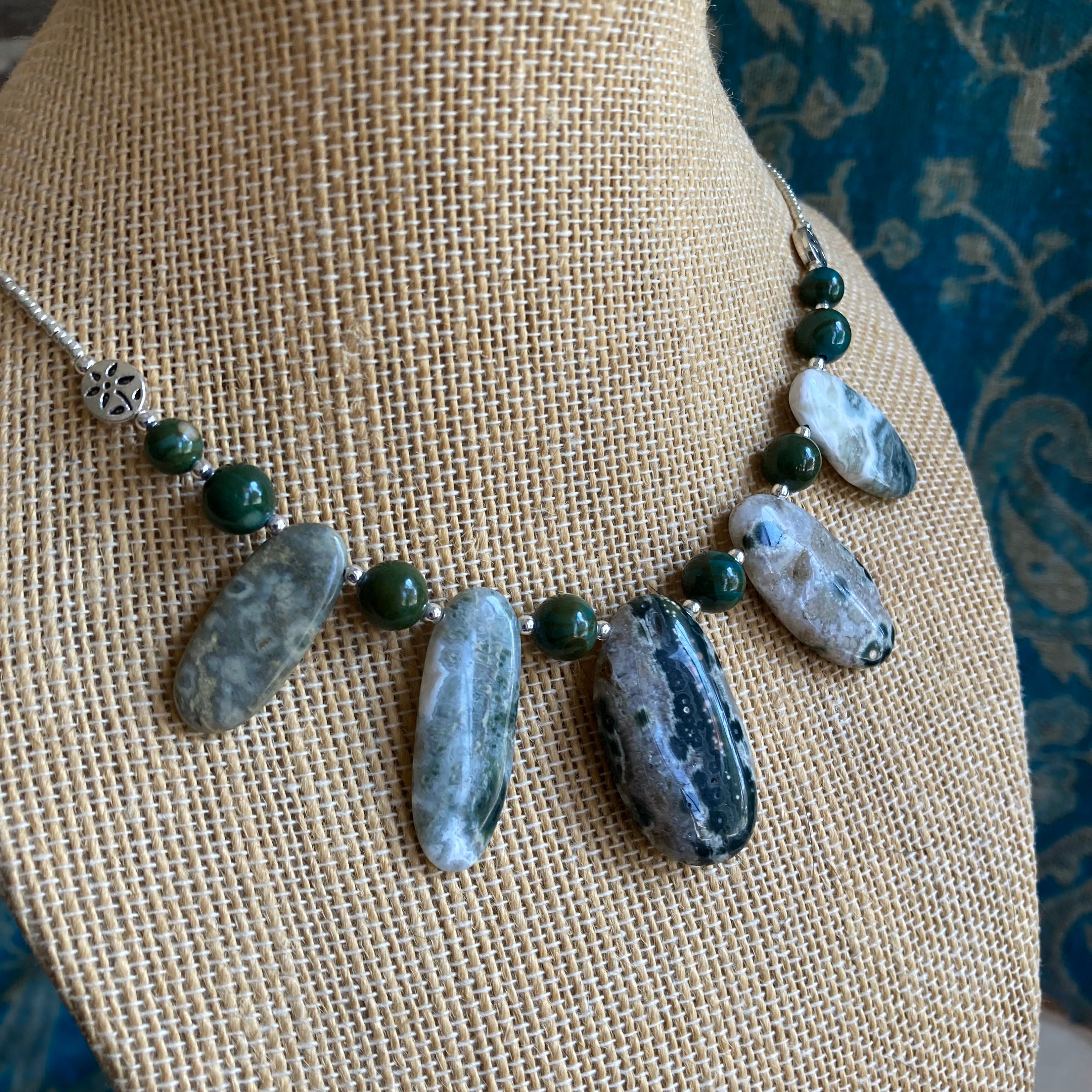 Green Necklace Stone Set Earrings Set Ocean Agate Pendant Set | Etsy