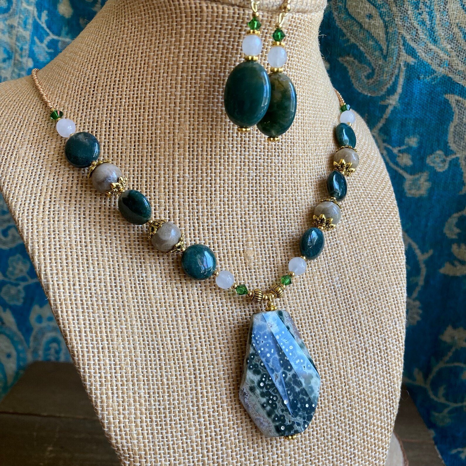 Boho Necklace Set Handmade Pendant Set Beaded Ocean Jasper Earrings ...