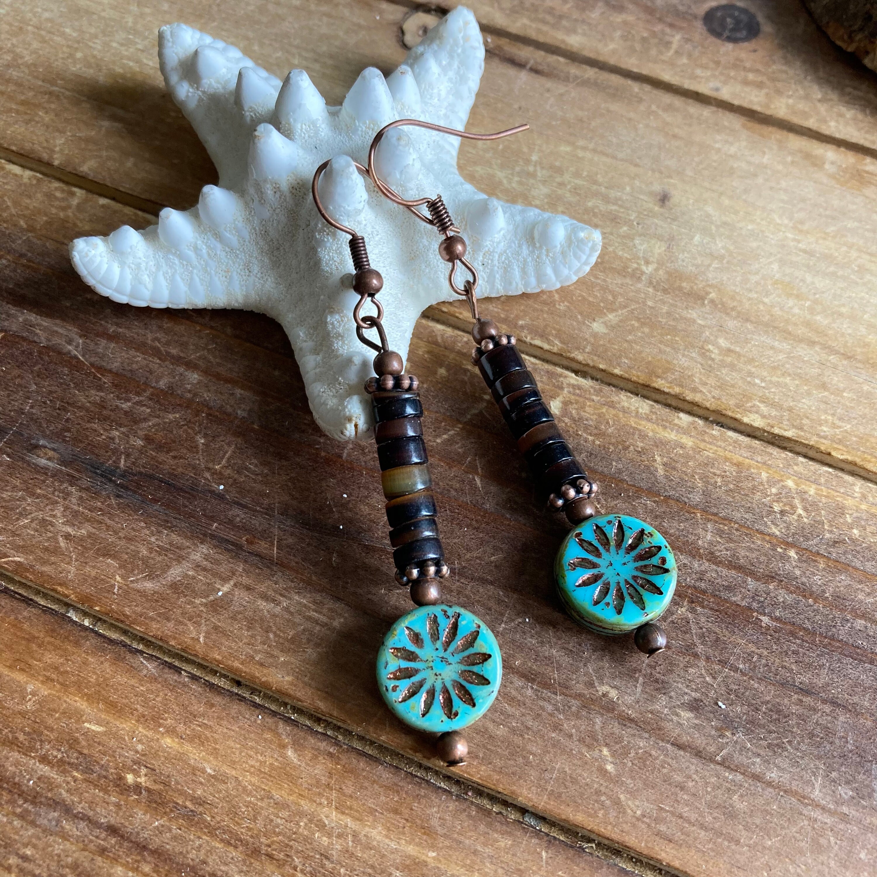 Beach Earrings Puka Shells Earrings Green Czech Glass Dangle - Etsy UK