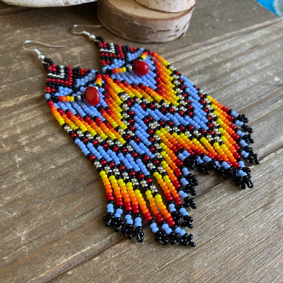 Tribal Earrings Boho Brick Stitch Frindge Fan Tribal Basque American ...