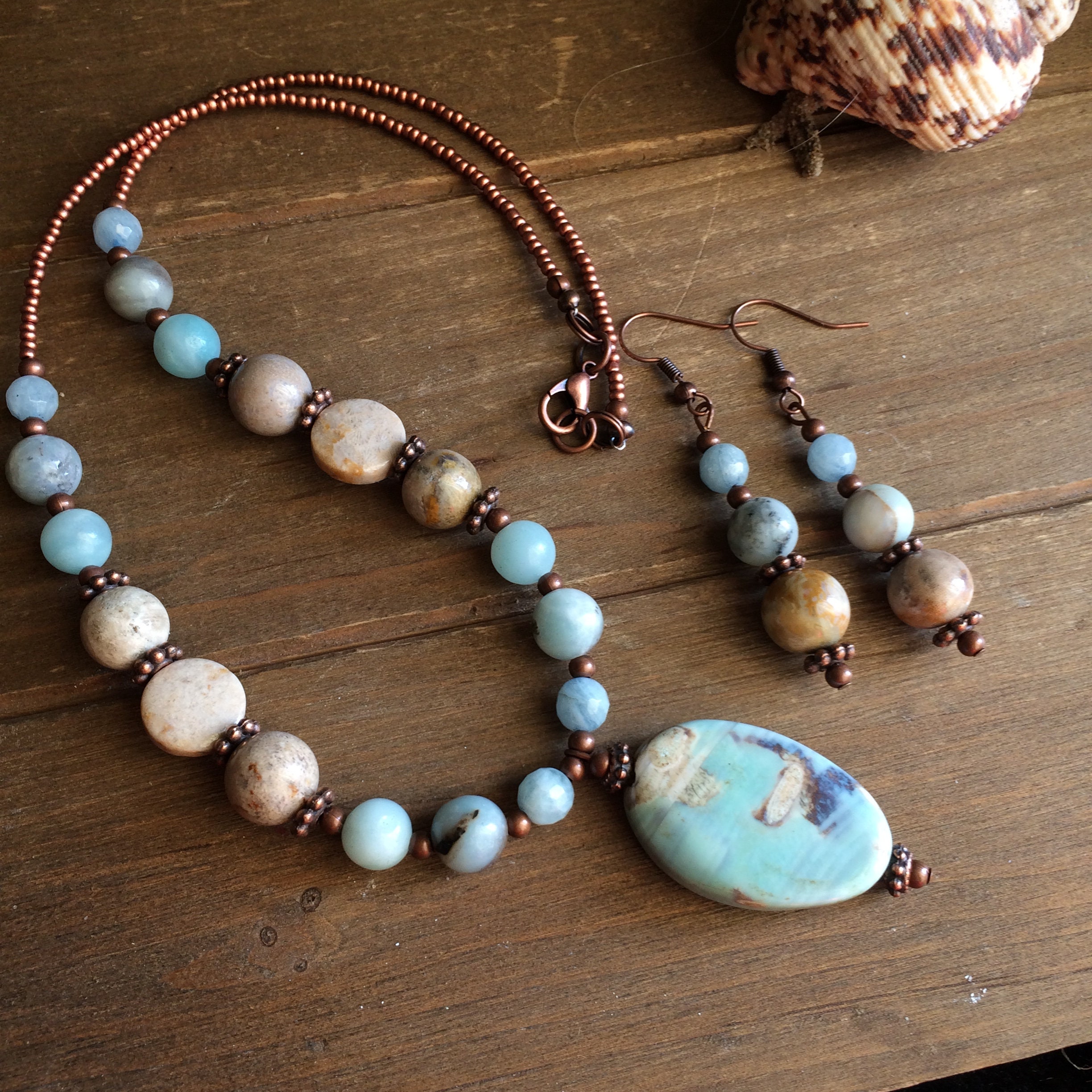 Boho Necklace Set Blue Terra Agate Pendant Set Beaded Necklace Earrings ...