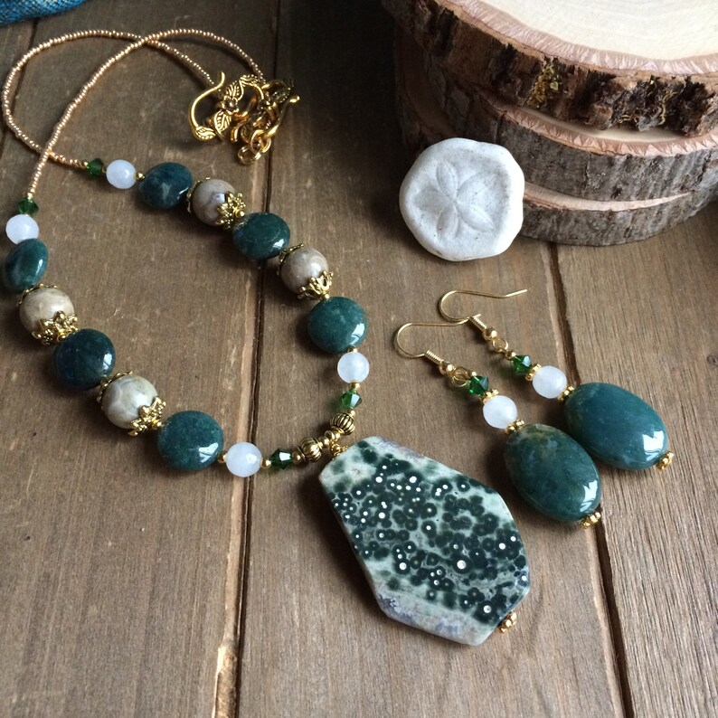 Boho Necklace Set Handmade Pendant Set Beaded Ocean Jasper Earrings ...