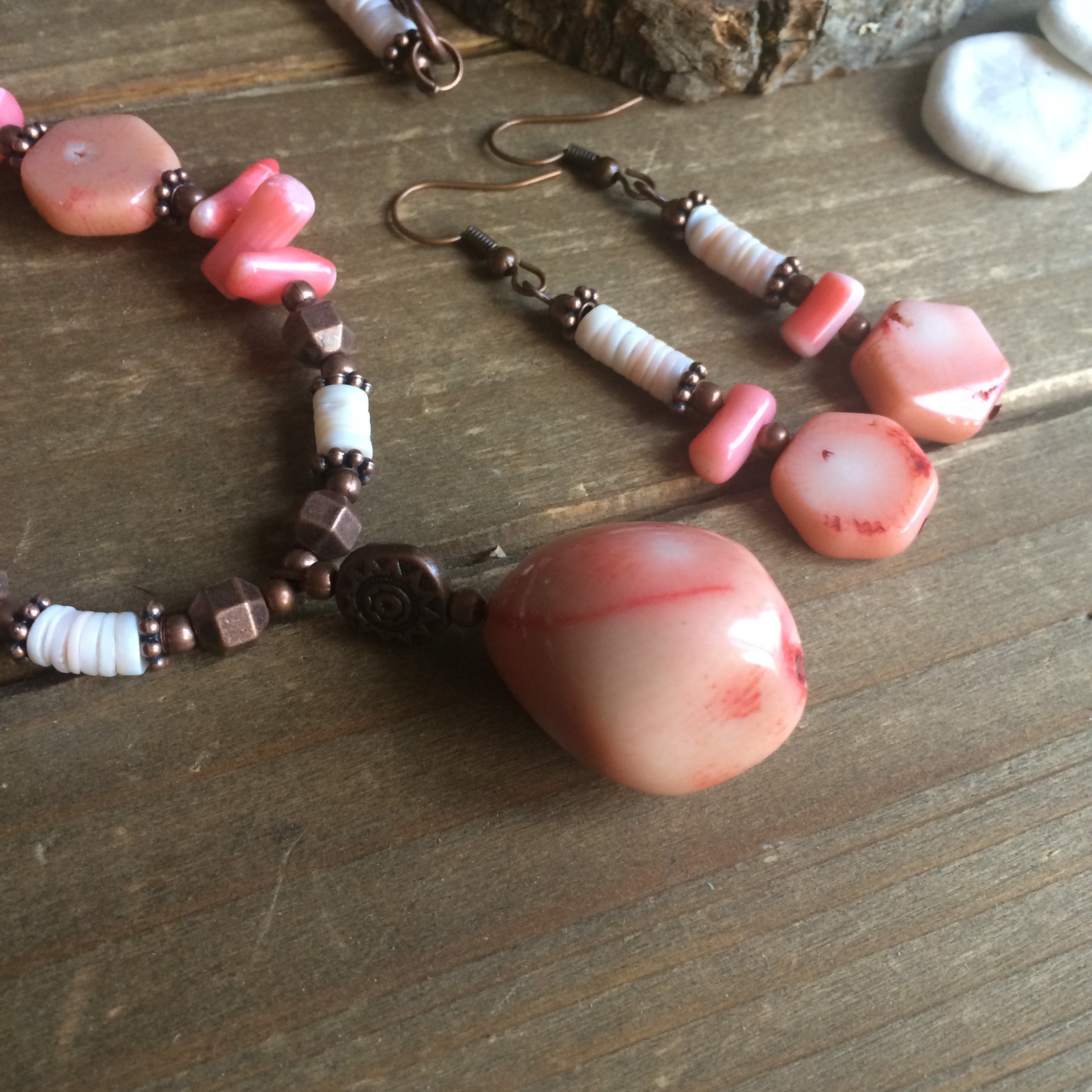 Coral necklace set pink puka shells gemstone handmade set | Etsy