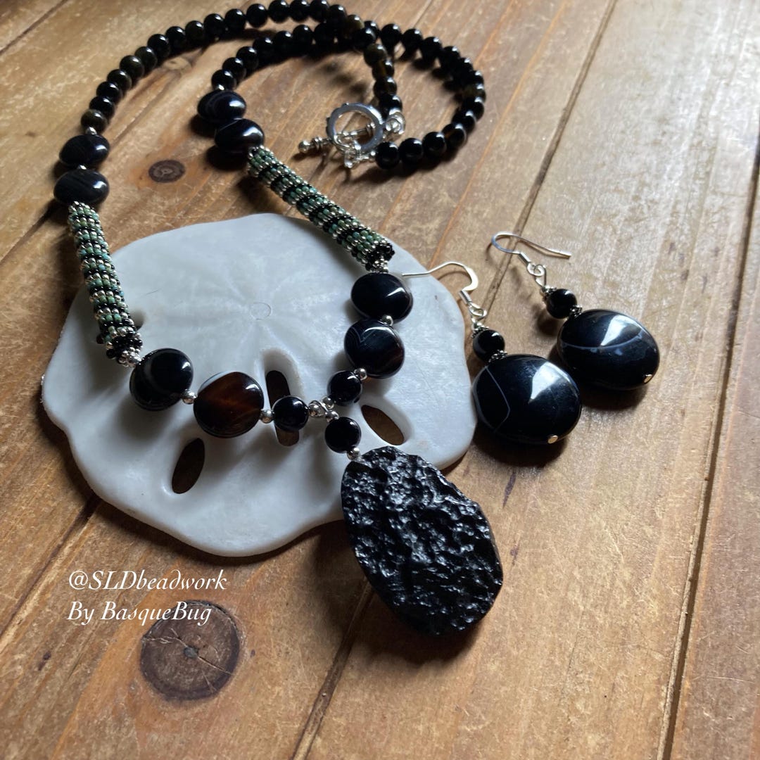 Tektite Necklace Black Meteorite Healing Crystal Set Boho Sardonyx ...