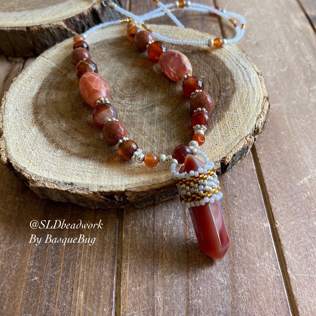 Beaded Necklace Stone Wrapped Carnelian Snakeskin Agate Bohemian Basque ...