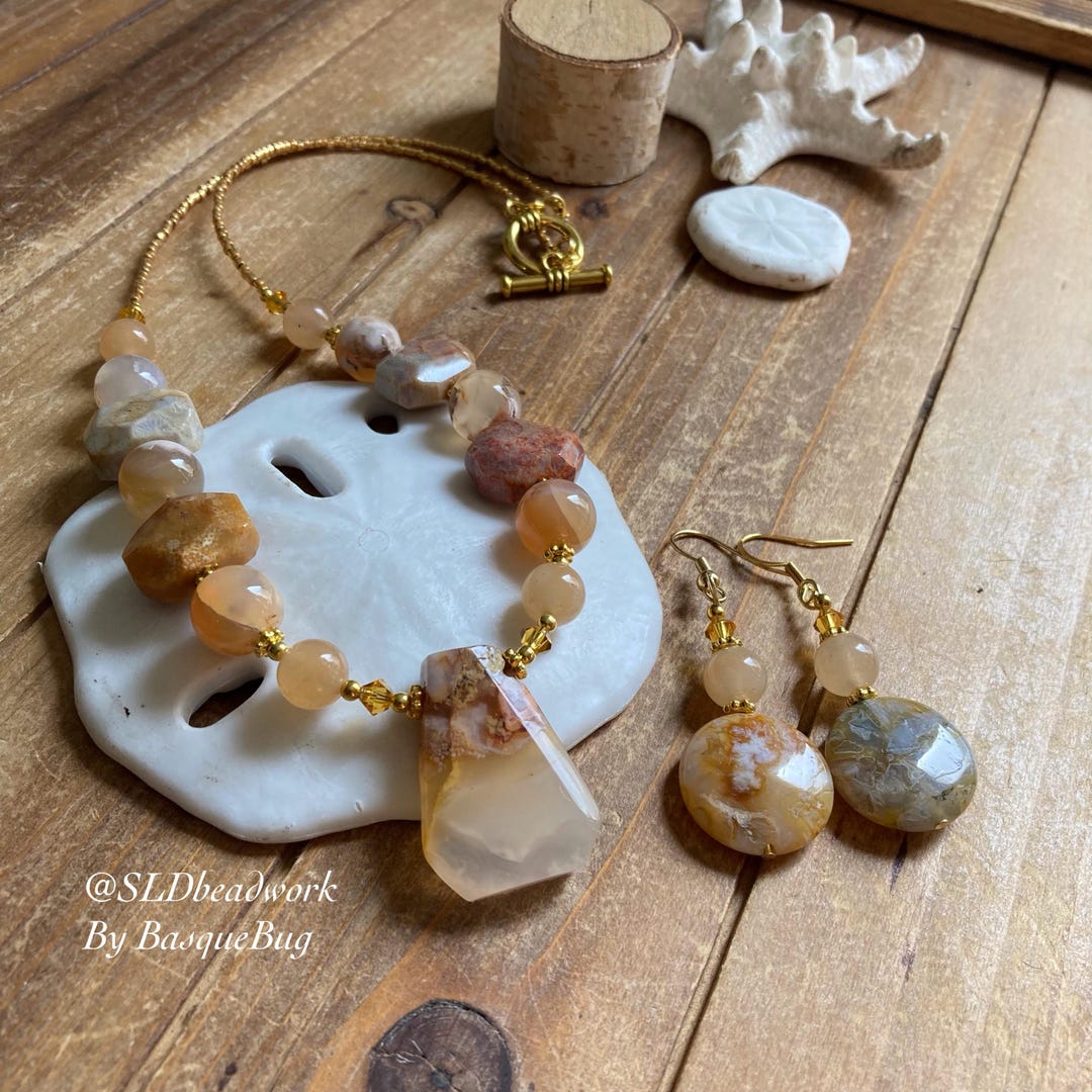 Sakura Stone Set Necklace Earrings Cherry Blossom Quartz Boho Beaded ...