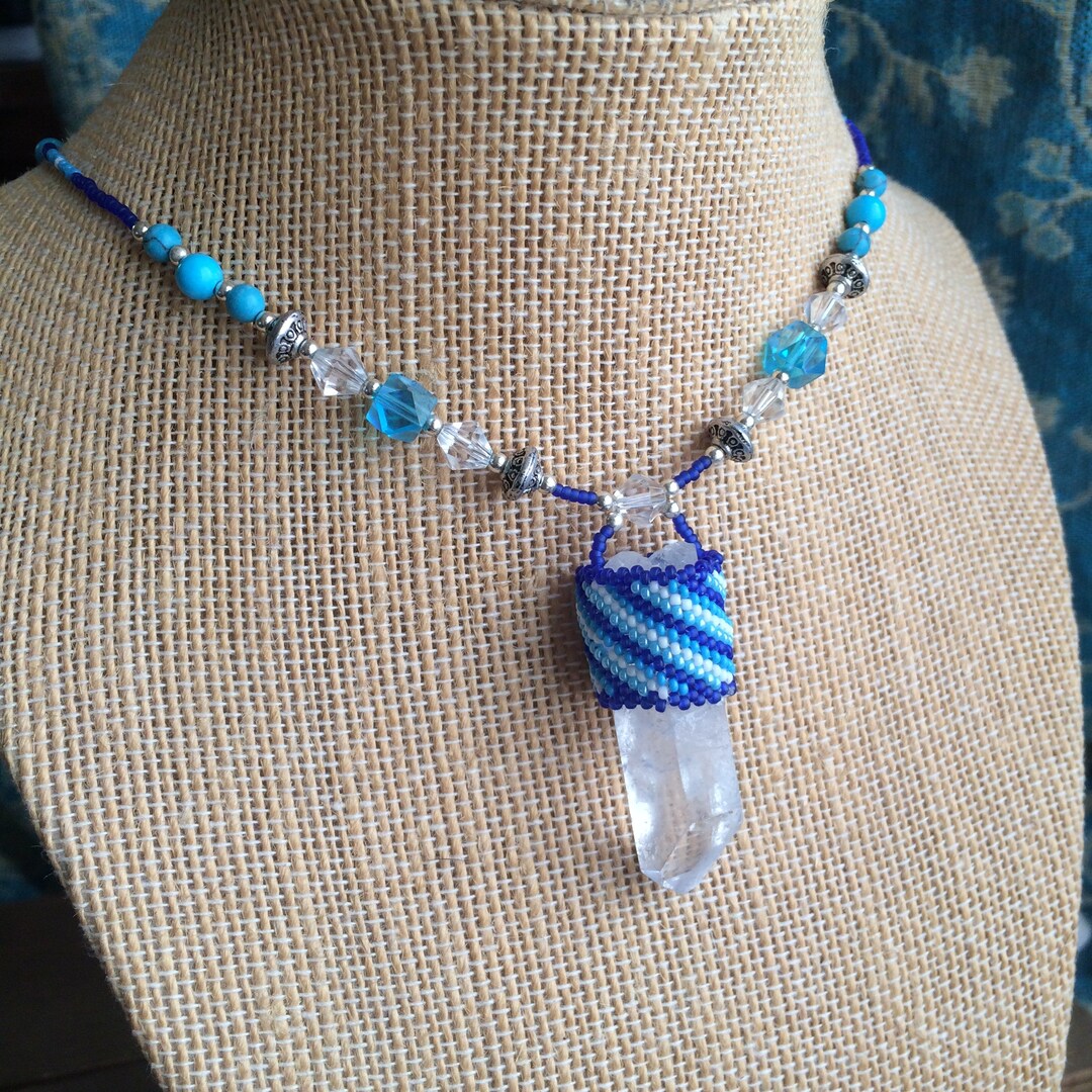 Crystal Necklace Wrapped Blue Peyote Beaded Necklace Tribal Basque ...