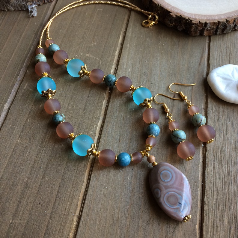 Boho Necklace Set Blue Terra Agate Pendant Set Beaded Necklace Beach ...