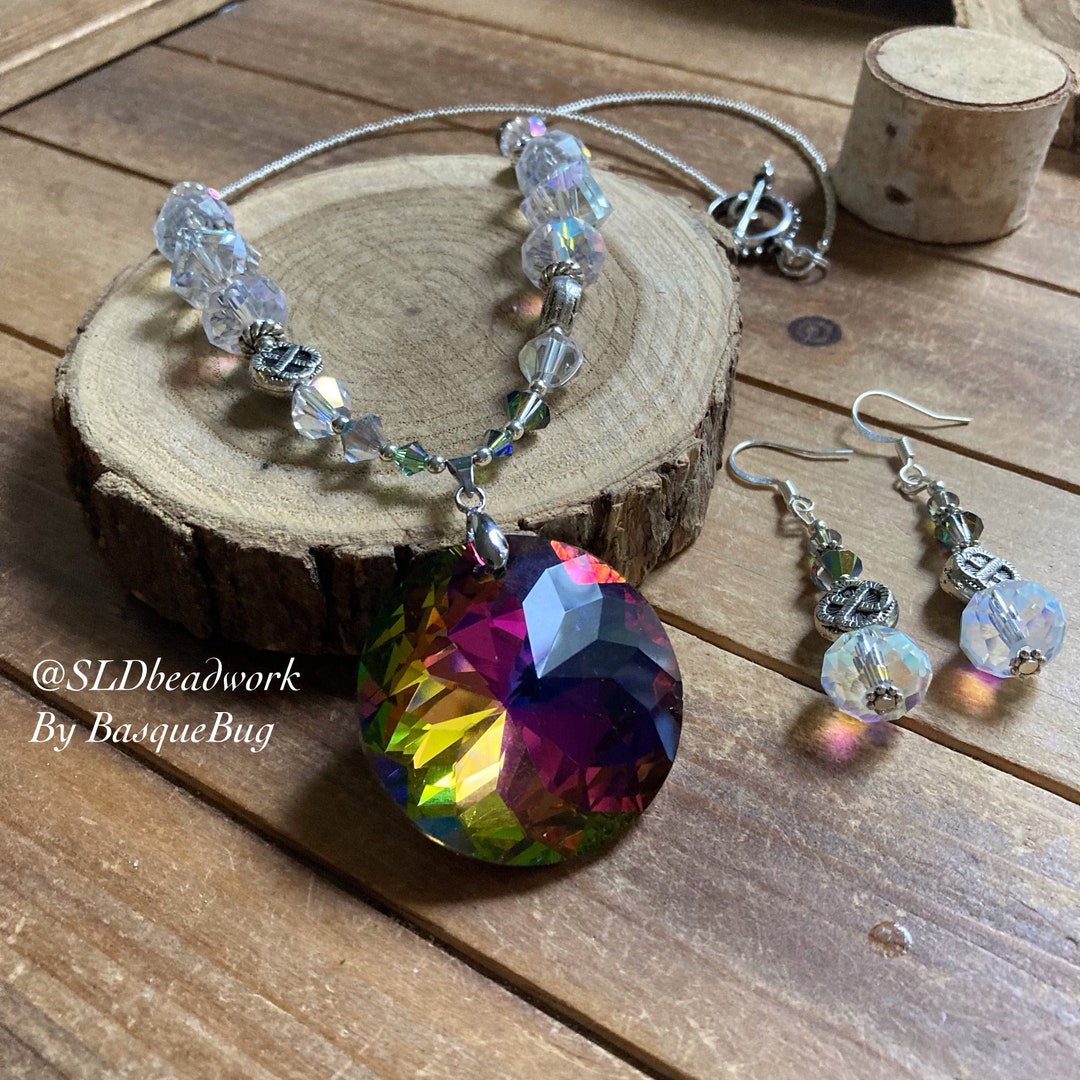 Rainbow Crystal Necklace Set Prism White Earrings Set Pendant Round ...