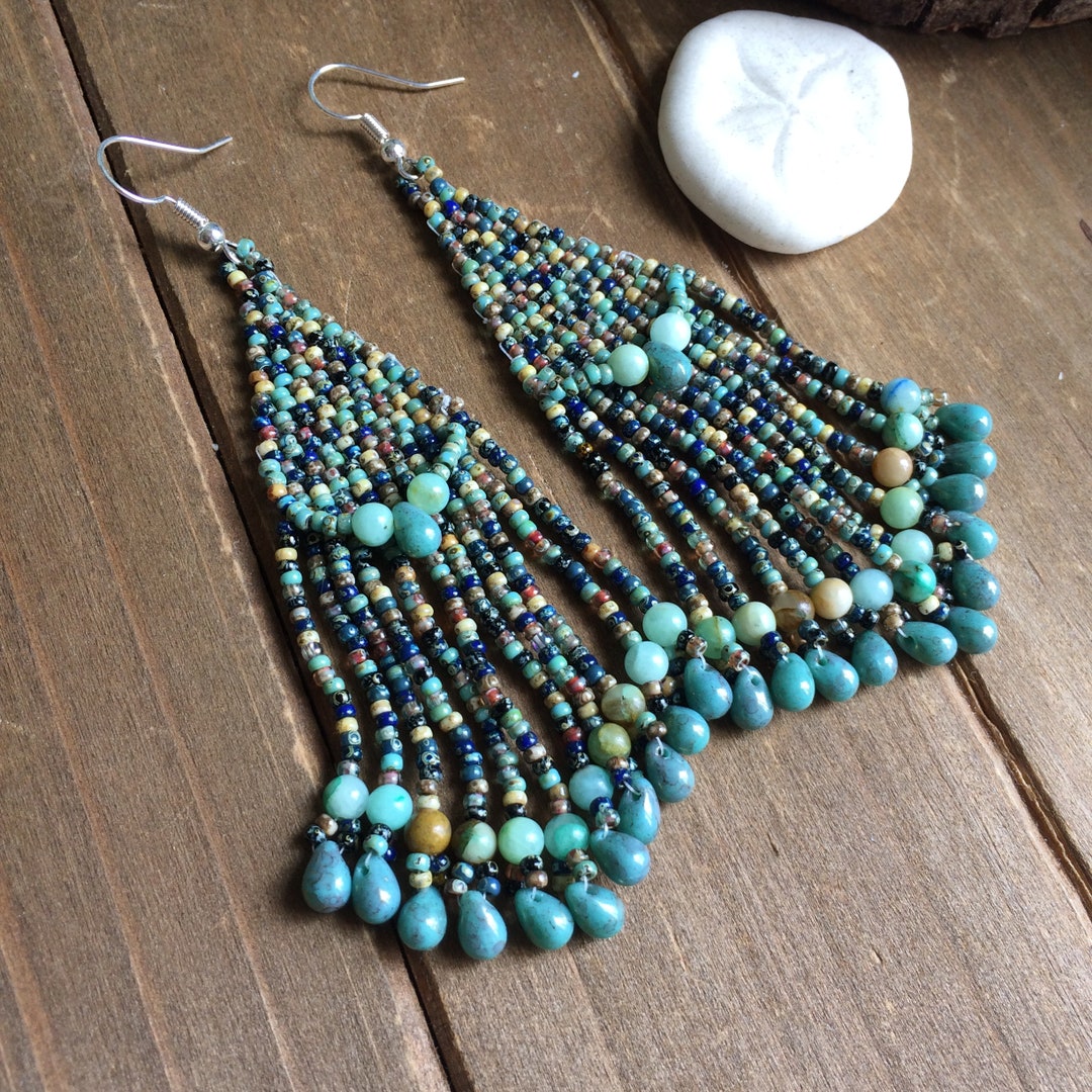 Tribal Earrings Fringe Seed Beaded Boho Brick Stitch Basque American ...