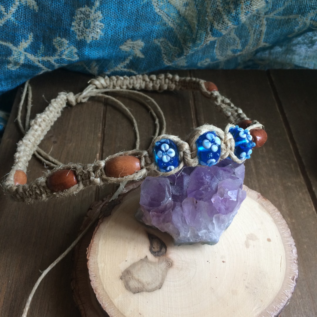 Hemp Necklace Beaded Choker Boho Hippie Necklace Tribal Necklace Wood ...