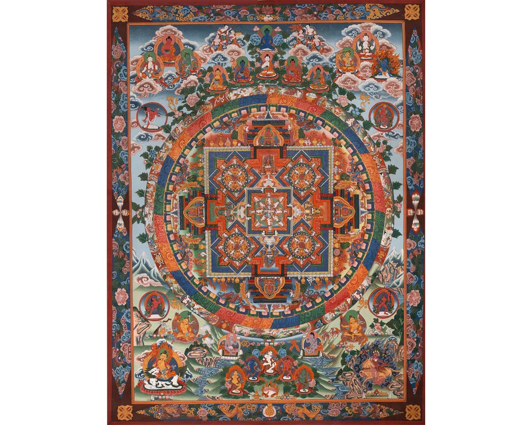 Vintage Big Buddha Mandala Surrounded by Bodhisattvas and Buddhist ...