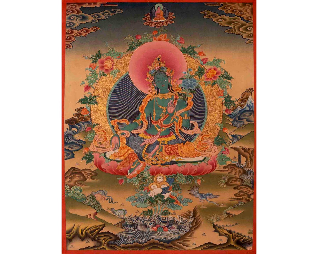 Vintage Green Tara Thangka Original Handmade Painting Hanging Yoga ...