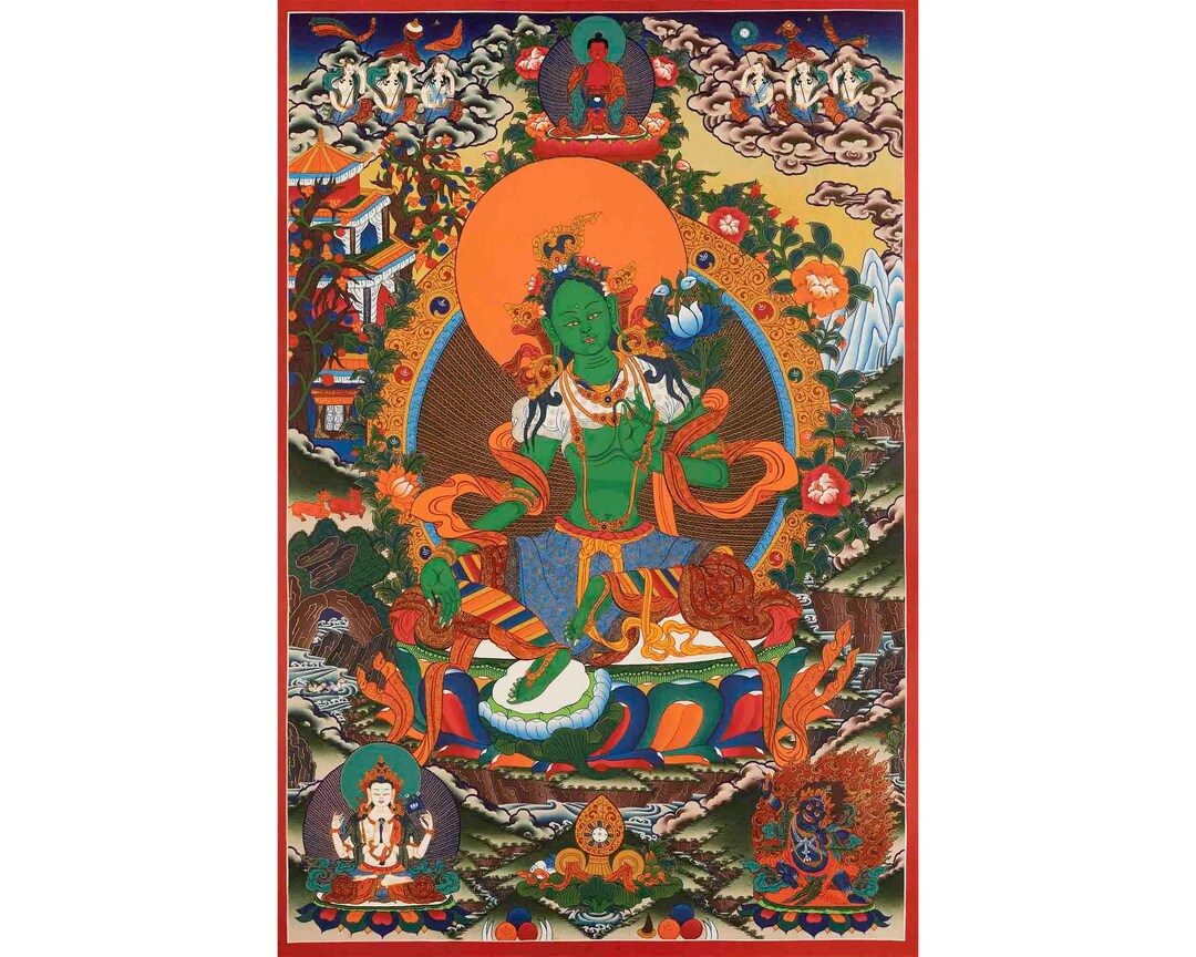 Green Tara Thangka With Amitabha on Top and Flanked by Chengrezig and Vajrapani Medium Size ...