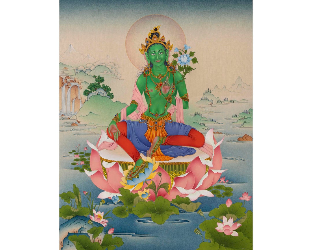 FREE BROCADE Mother Green Tara Painting Hand Painted Tara in Natural ...