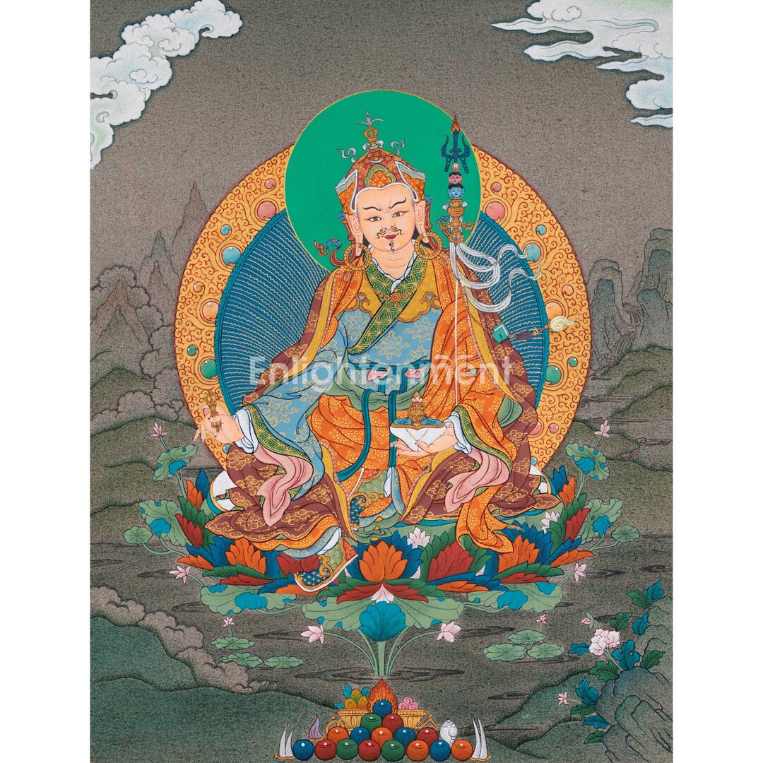 Guru Rinpoche Thangka in Karma Gadri Style, 24K Gold Painting of Guru ...