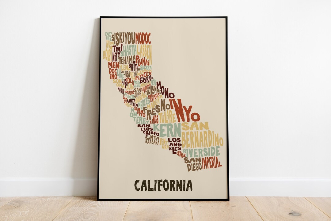 California Counties Typography Map Art Print - Cartography Typographic ...