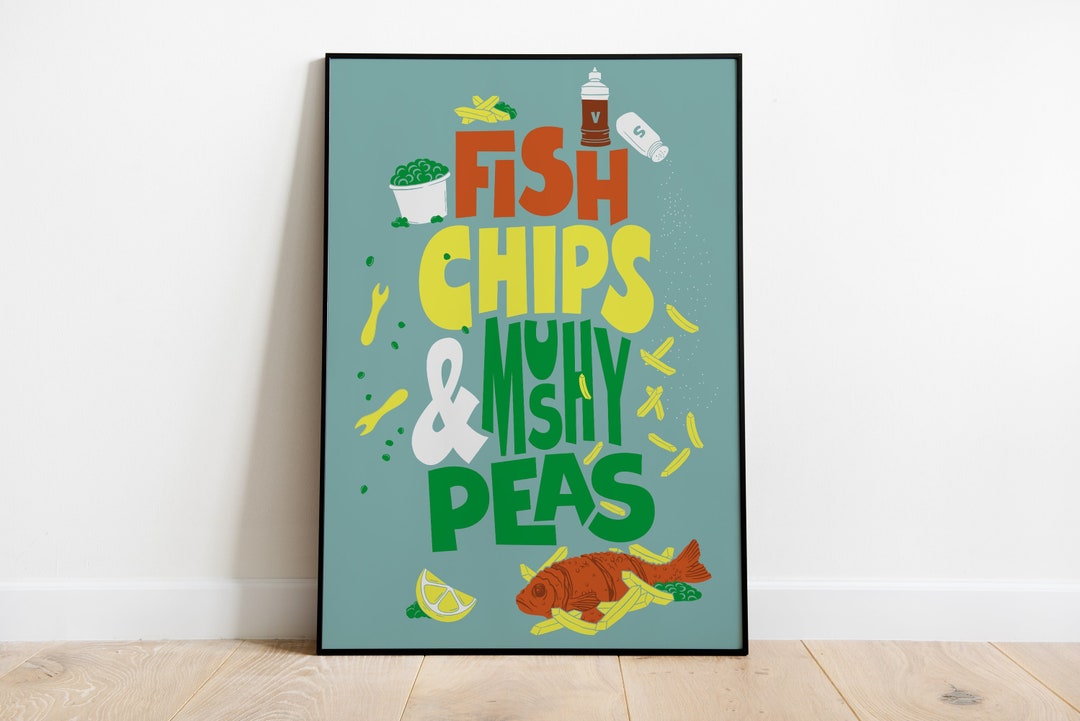 Fish, Chips & Mushy Peas Wall Art Print , Kitchen Chippy Tea Takeaway ...