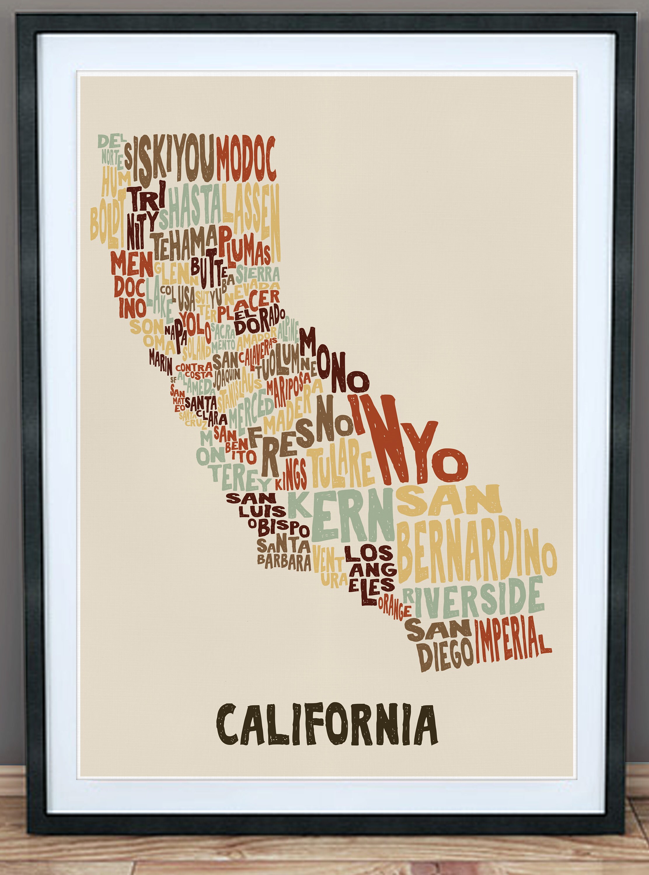 California Counties Typography Map Art Print Cartography - Etsy