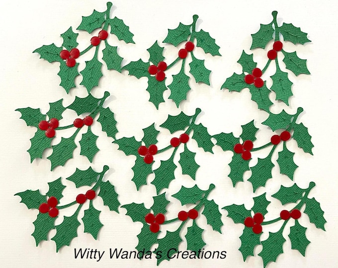 20 Christmas Holly Berry 7 Leaf Branch Paper-pieced Embellishment ...