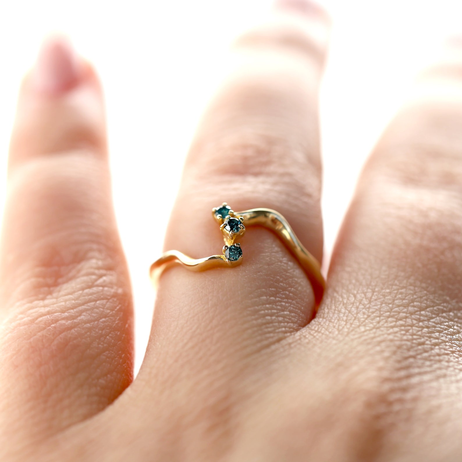 Solid 14K Yellow Gold Diamond Ring, Fancy Blue Diamond Ring, Asymmetric ...