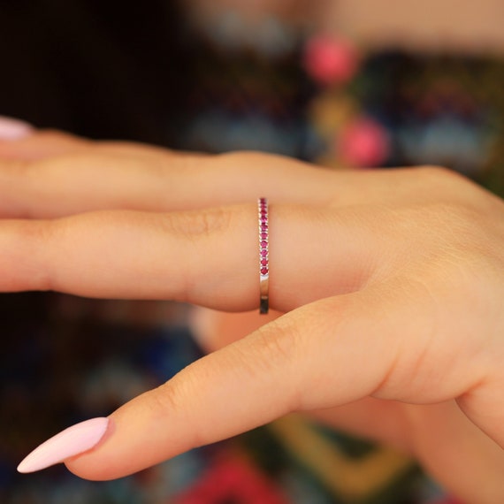 14K White Gold Ruby Ring Micro Pave Ruby Wedding Band Thin - Etsy
