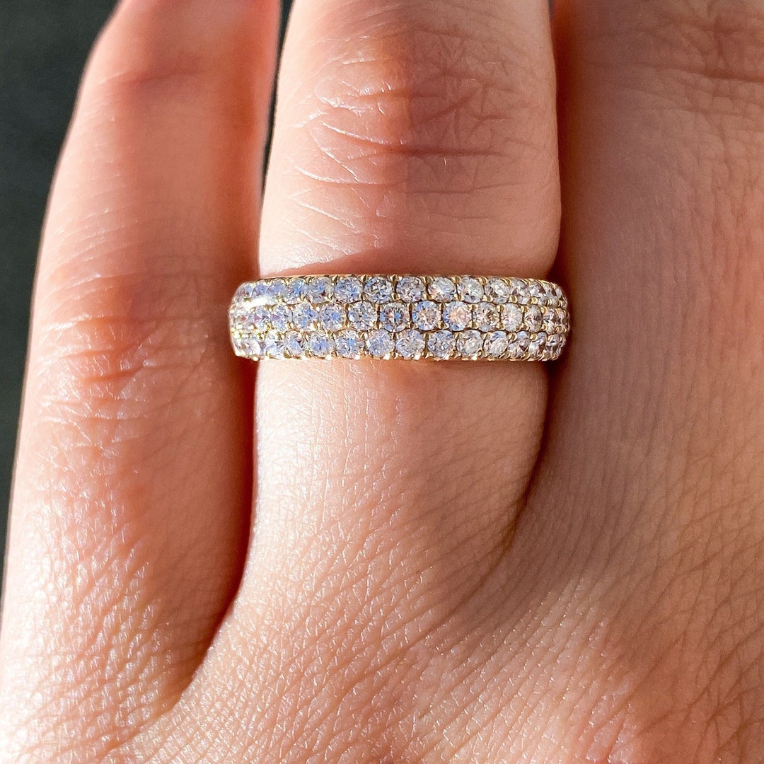 3 Row Diamond Wedding Band, Micro Pave Wide Anniversary Ring in 10K or ...