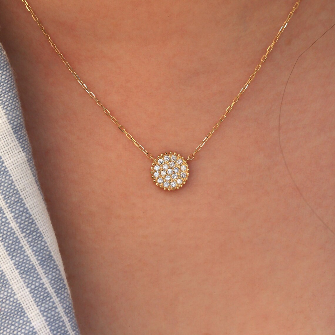 Round Pave Diamond Necklace With Chain 14K Yellow Gold - Etsy
