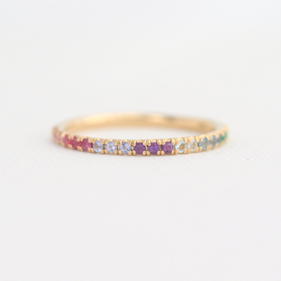 14K Yellow Gold Rainbow Ring, Multi Colored Stone Ring, Rainbow ...