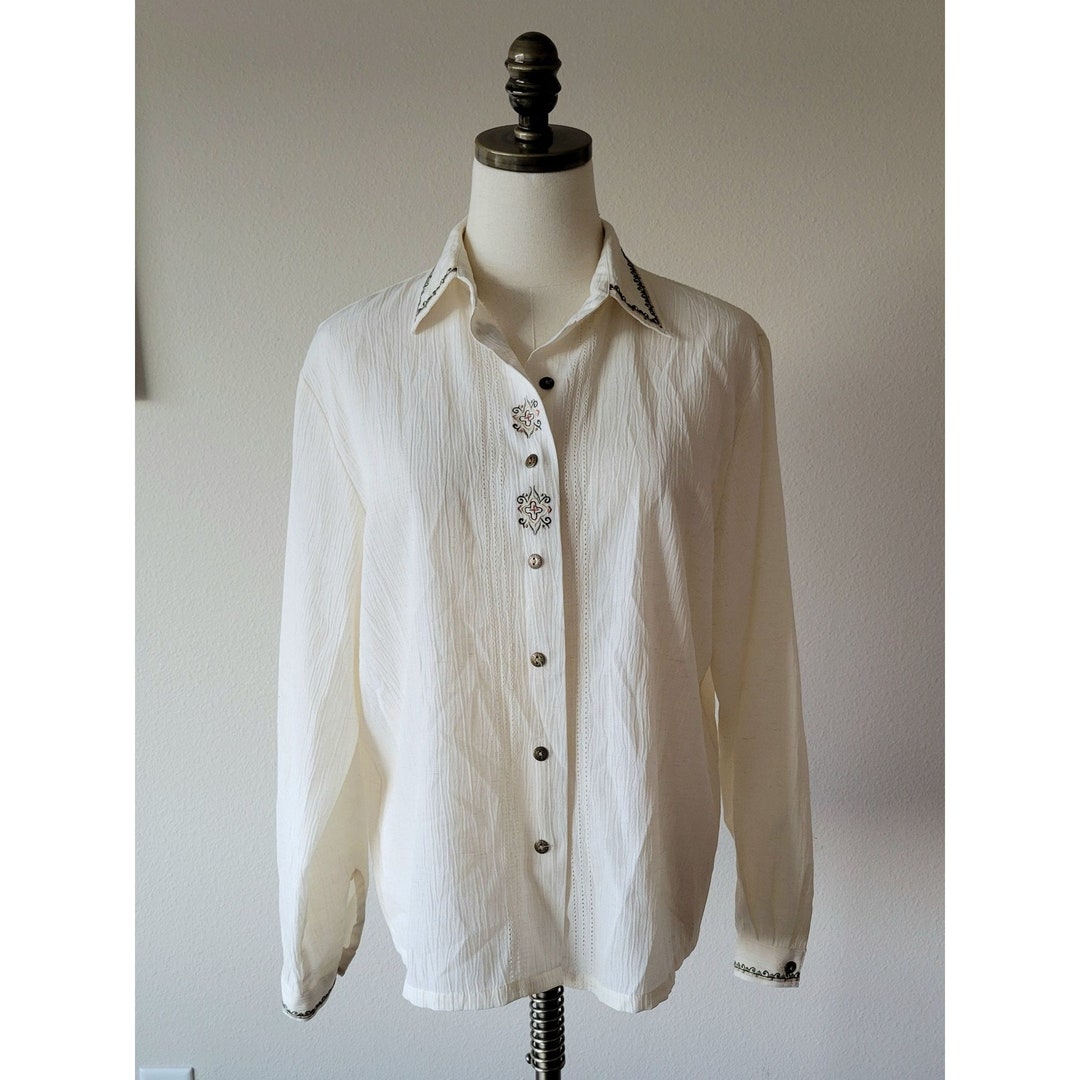 Vintage 1990s Koret Cream Linen Floral Embroidered Blouse 10 Petite - Etsy