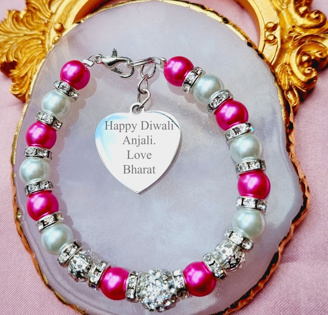 Personalized Diwali Bracelet: Engraved Heart Charm, Crystal Pearl ...