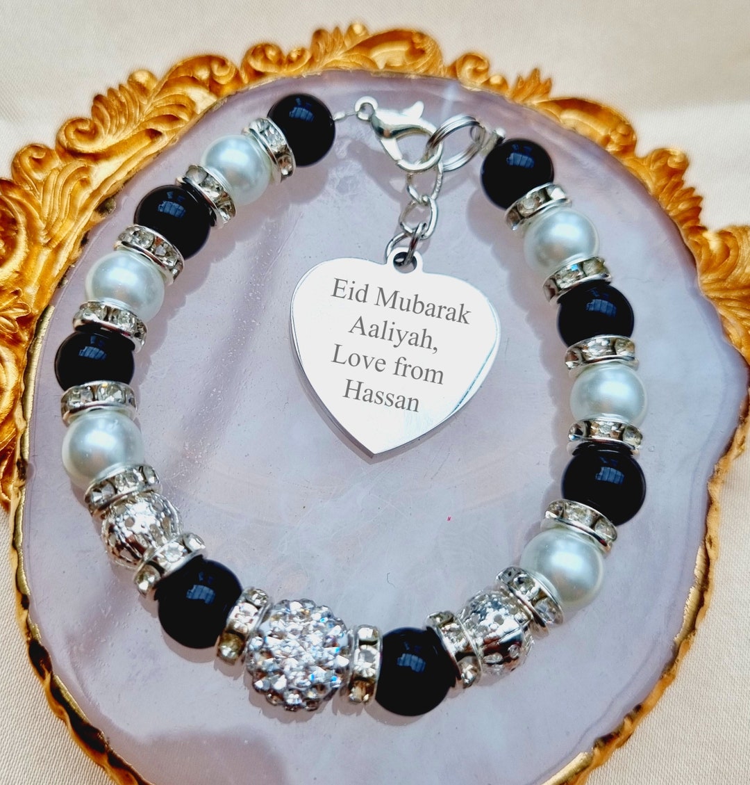 Personalized Eid Mubarak Bracelet: Engraved Heart Charm, Crystal Pearl ...