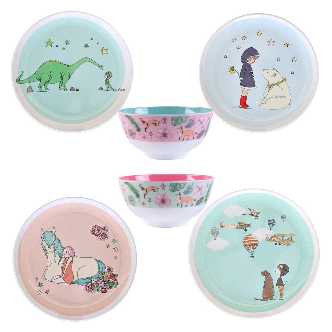 Hand Made Illustrated Kids Tableware Set of 6 (4 Plates and 2 Bowls ...