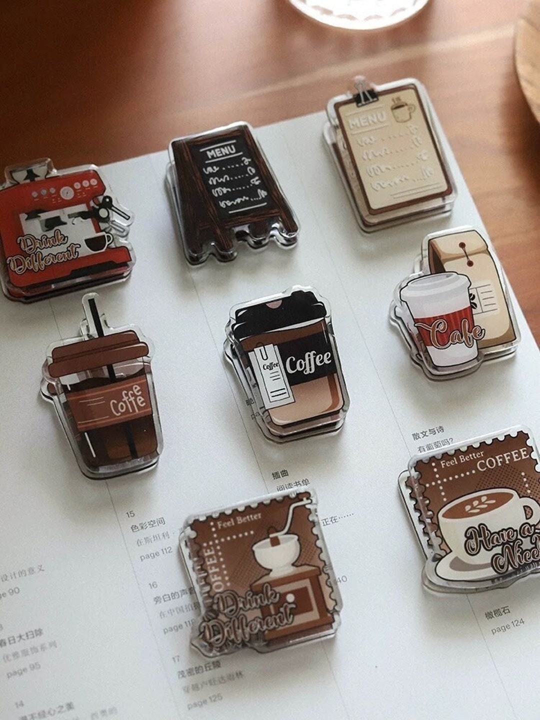Cute Coffee Acrylic Journal Clips Hand-drawing Strong Paper Clips ...