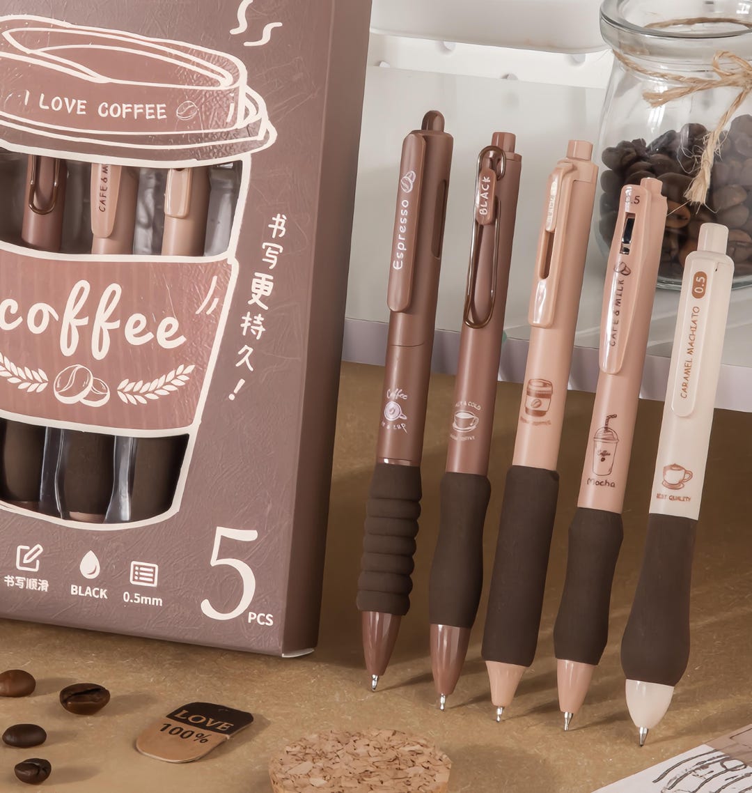 5pcs Coffee Lover Black Gel Pens | ST Smooth Writing Pens | Aesthetic ...