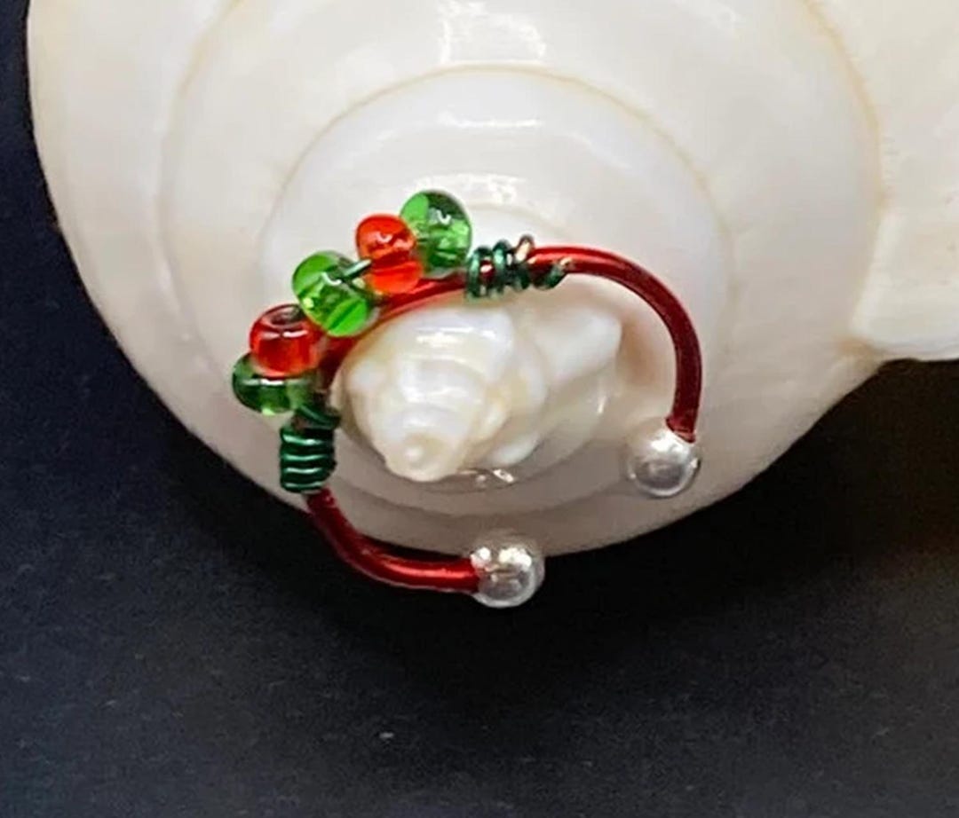 Christmas Faux Septum Ring, Red and Green Beaded Nose Ring, No Piercing ...