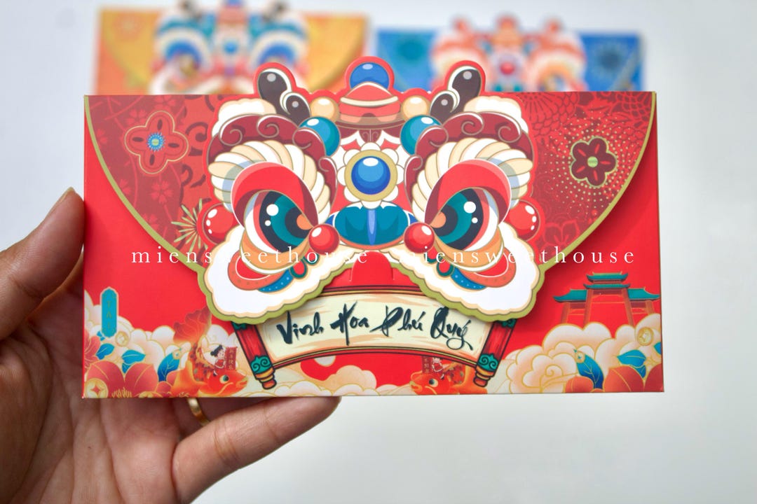 Vietnamese Lion Dance Red Envelopes – Tet Lunar New Year - Set of 40/80 ...