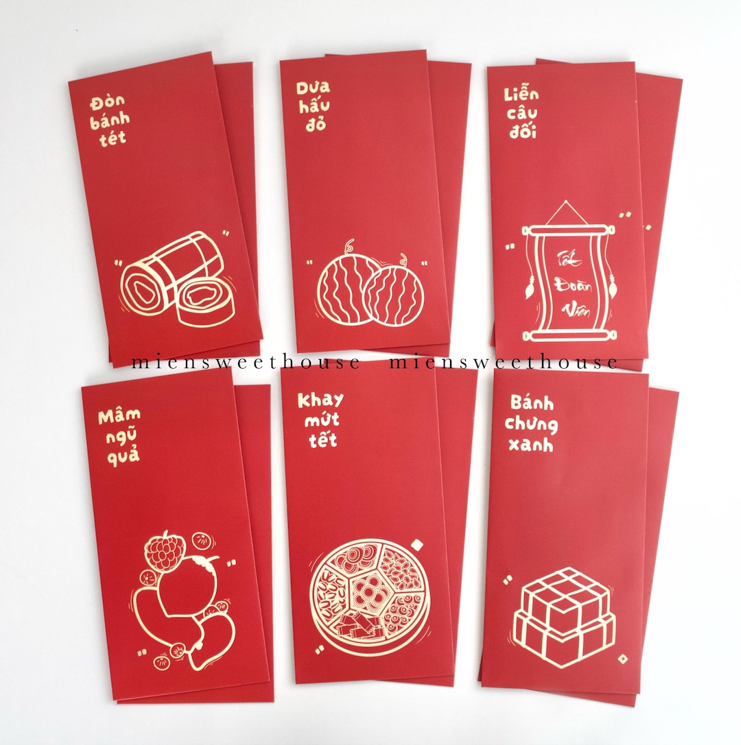Set of 48 Red Lucky Money Envelopes – 6 Vietnamese Tet Designs – Red ...