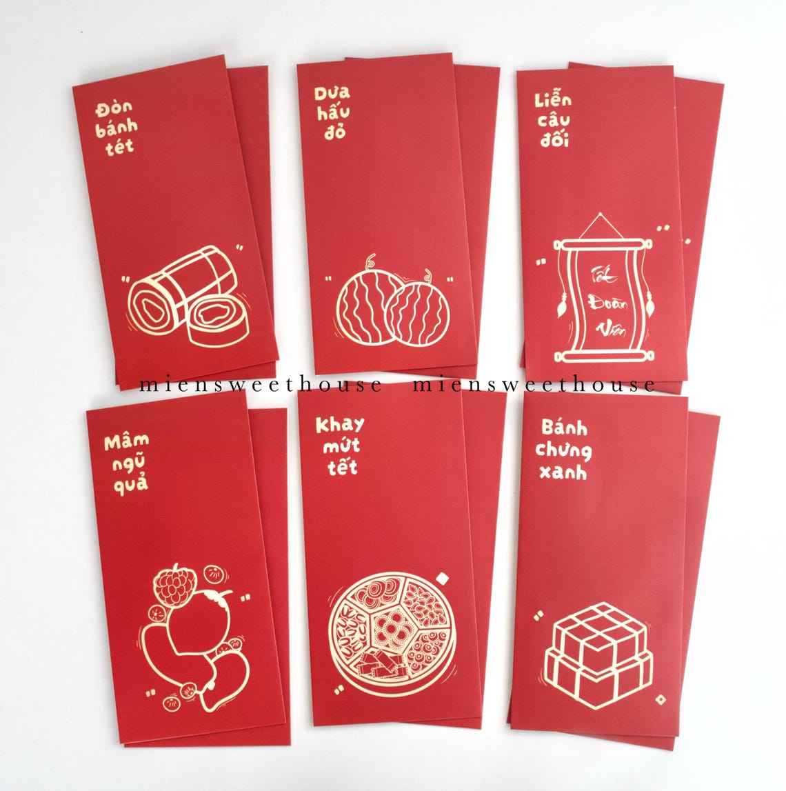 Set of 48 Red Lucky Money Envelopes – 6 Vietnamese Tet Designs – Red ...