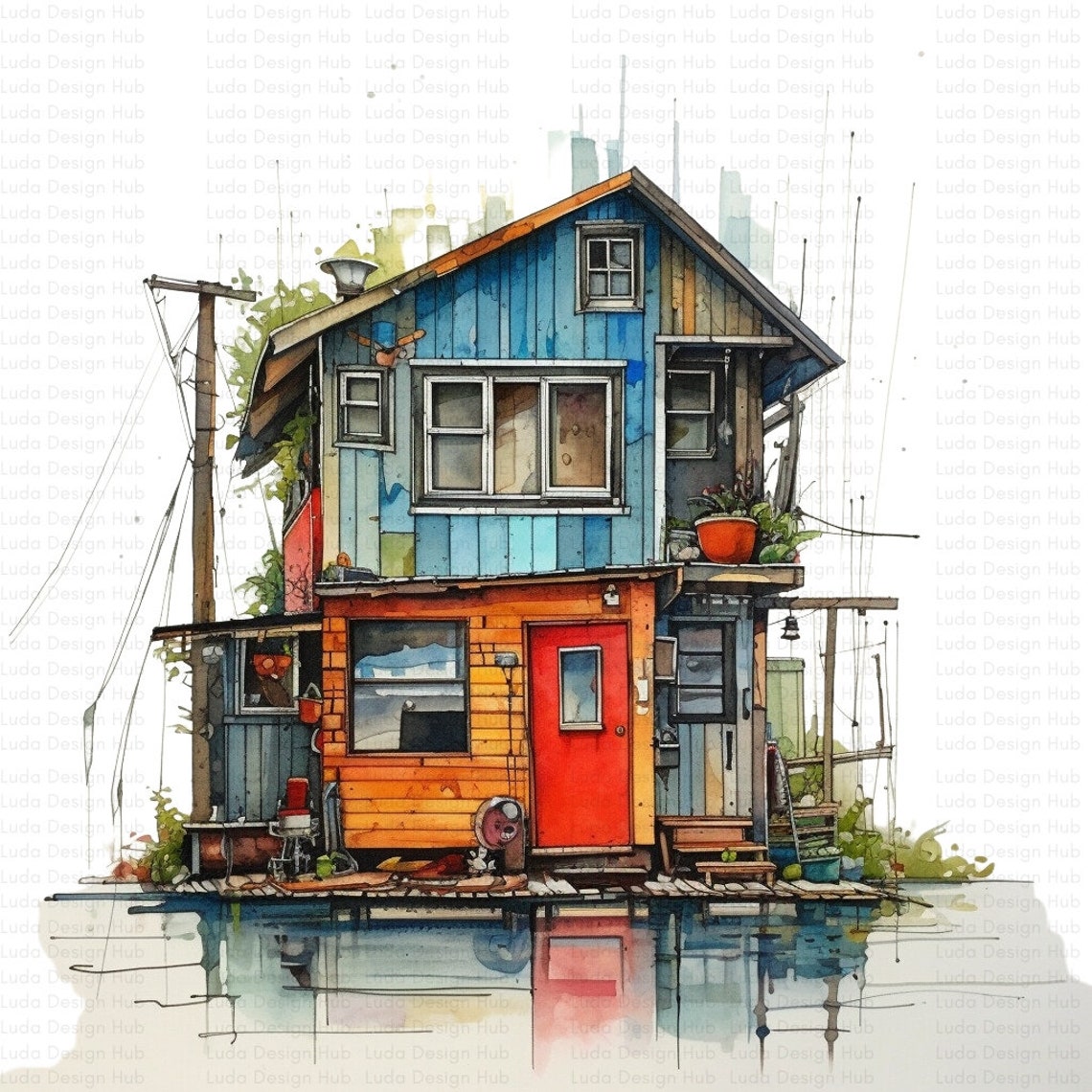 Tiny House Watercolor, Line Drawing Clipart, Aesthetic Digital Art ...