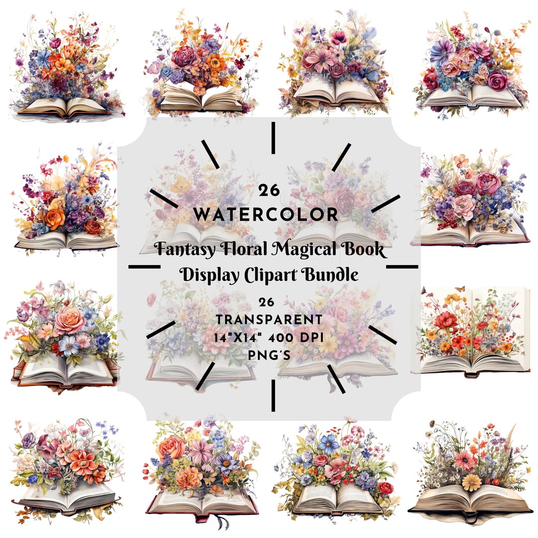 Fantasy Floral Magical Book Display: 26 Unique 14x14 PNG Images ...