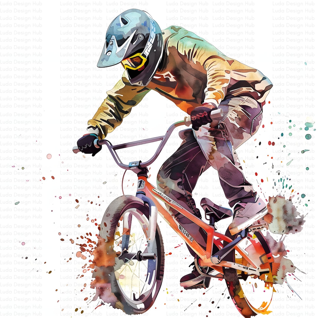 Dynamic BMX Bike Rider Watercolor Clipart – Perfect for Sports Graphics ...
