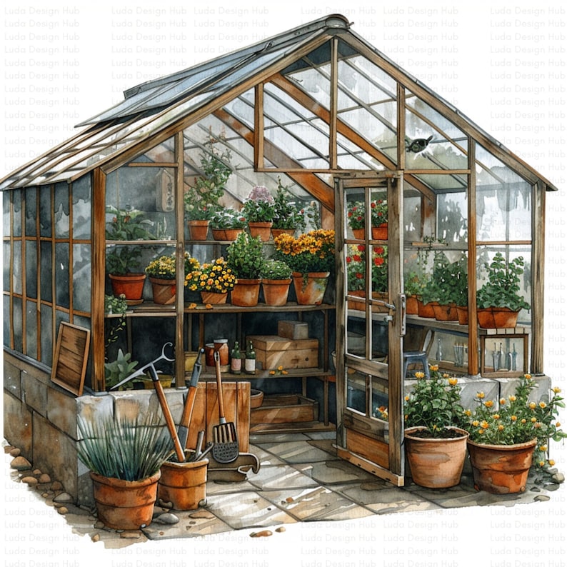 10 Garden Greenhouse Clipart Digital Files, Watercolor Plants and ...