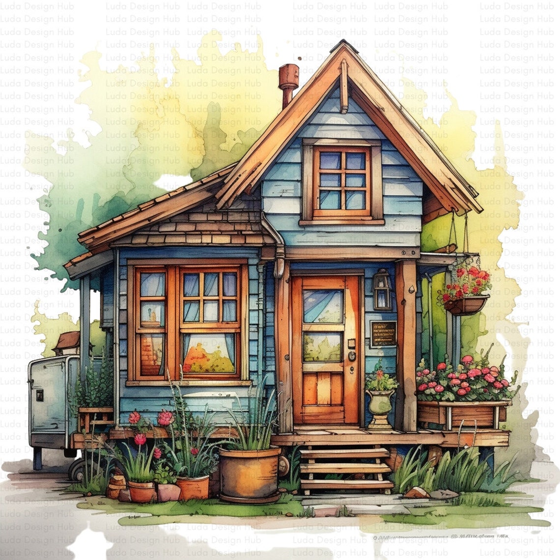 Tiny House Watercolor, Line Drawing Clipart, Aesthetic Digital Art ...